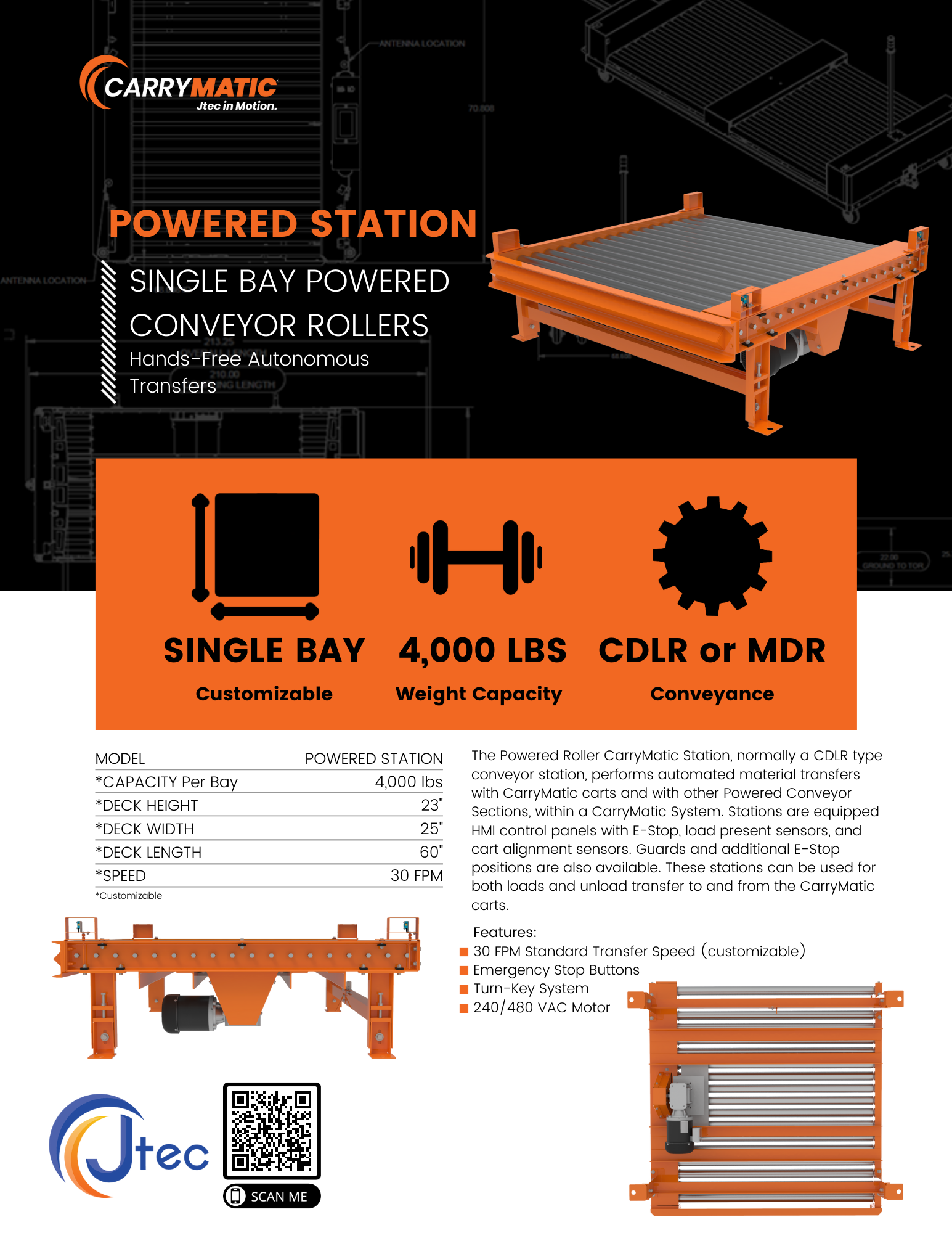 Powered Roller Station Single Bay - Spec Sheet - Jtec Products